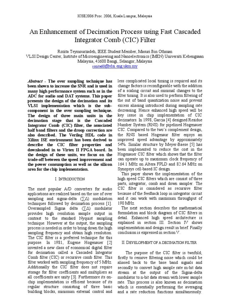 An Enhancement of Decimation Process Using Fast Cascaded Integrator Comb (CIC) Filter | PDF ...