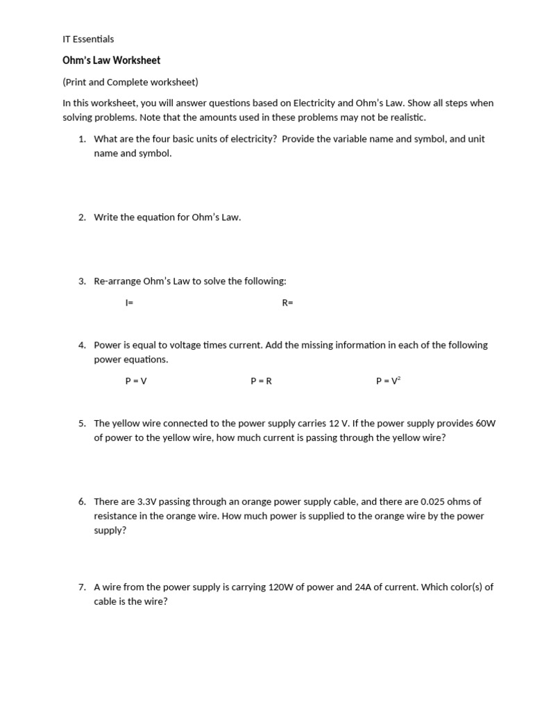 Ohm's Law Worksheet | PDF