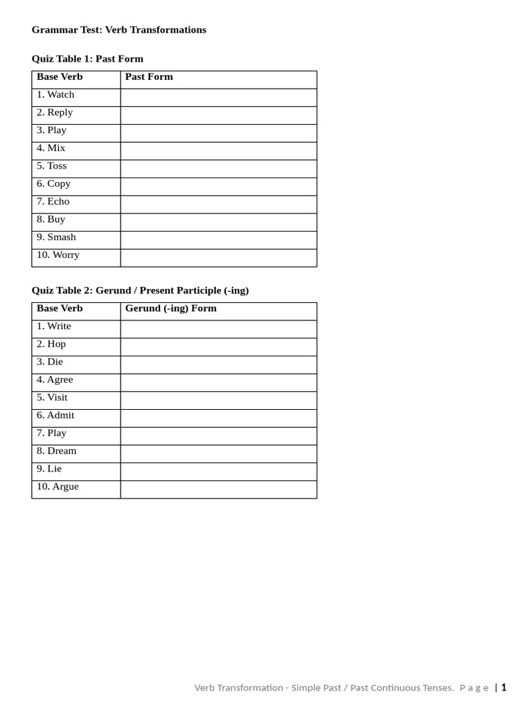 English Test - Verb Transformation For Past Tenses V1a | PDF