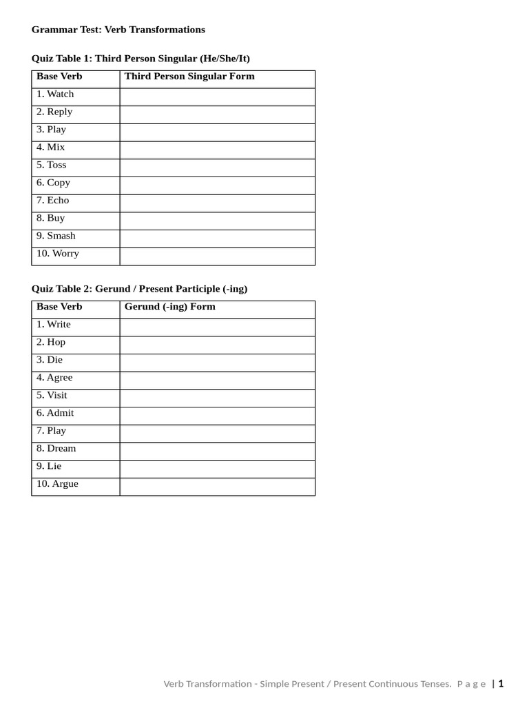 English Test - Verb Transformation For Present Tenses V2 | PDF