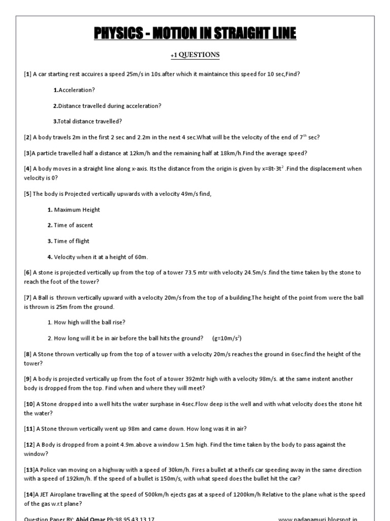 Motion in Straight Line (Questions) | PDF