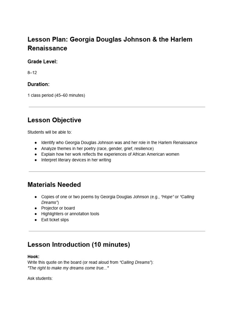 Lesson Plan_ Georgia Douglas Johnson & the Harlem Renaissance | PDF ...