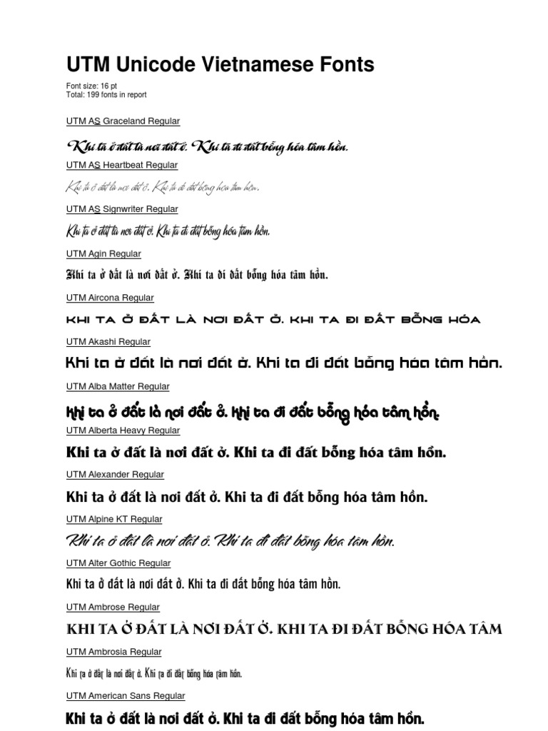 Mẫu font tiếng Việt Unicode UTM - UTM Unicode Vietnamese Fonts Sample | PDF