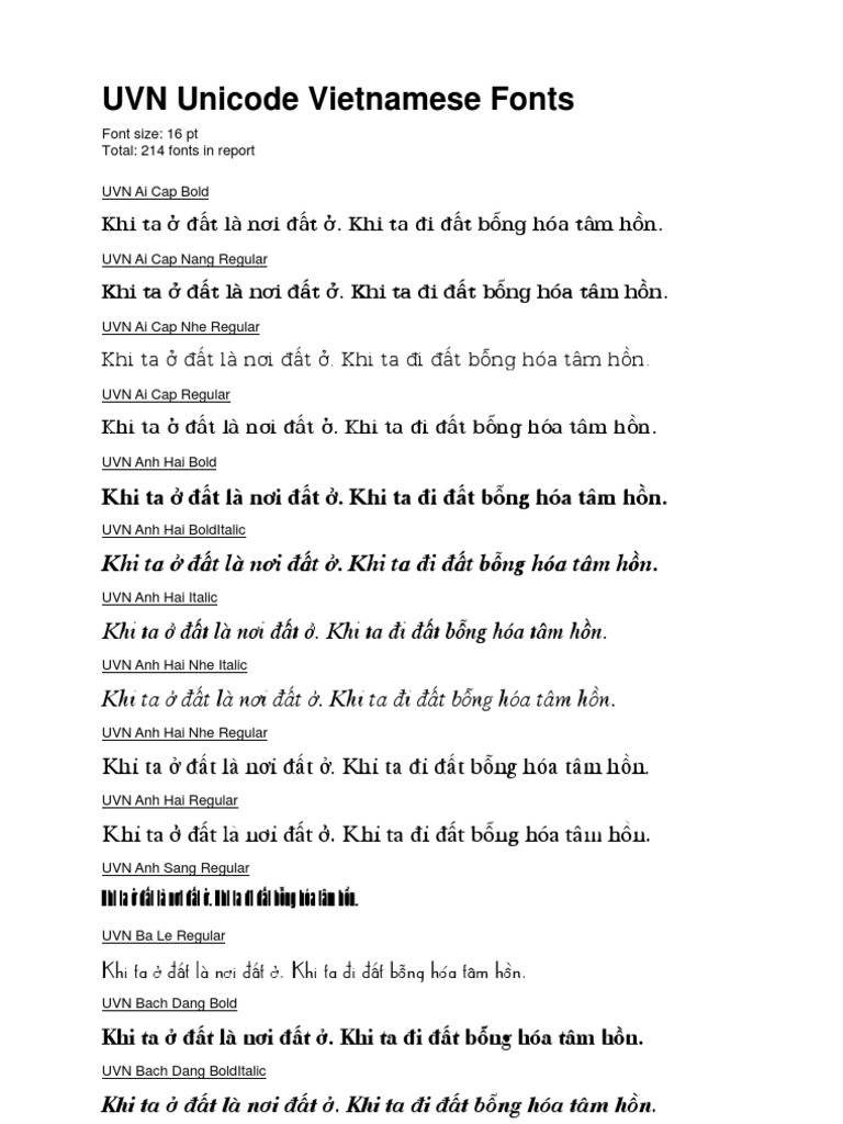 Mẫu font tiếng Việt Unicode UVN - UVN Unicode Vietnamese Fonts Sample | PDF