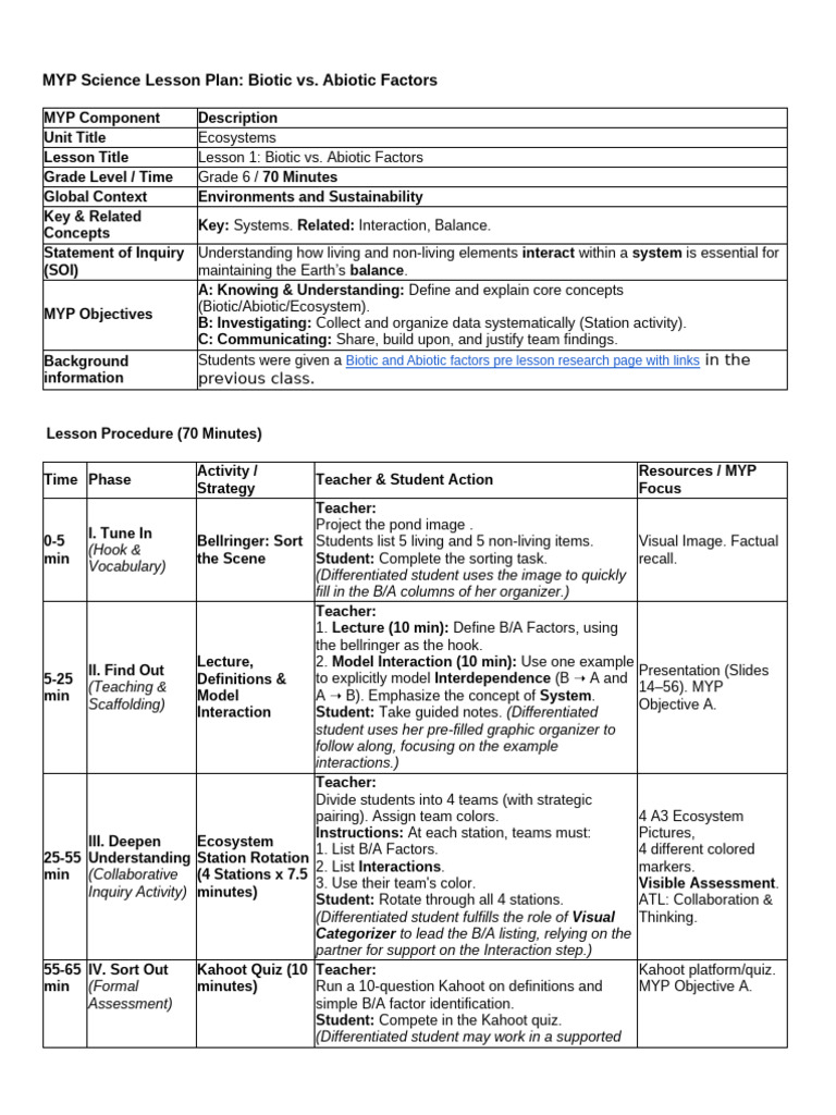 MYP Science Lesson Plan-3.1 Biotic and Abiotic Factors | PDF ...