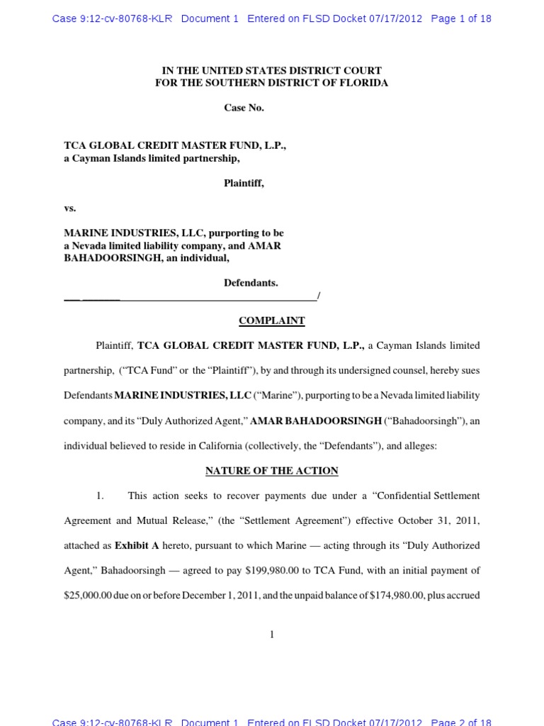TCA Global V Marine Industries Et Al Doc 1 Filed 17 Jul 12 | PDF ...