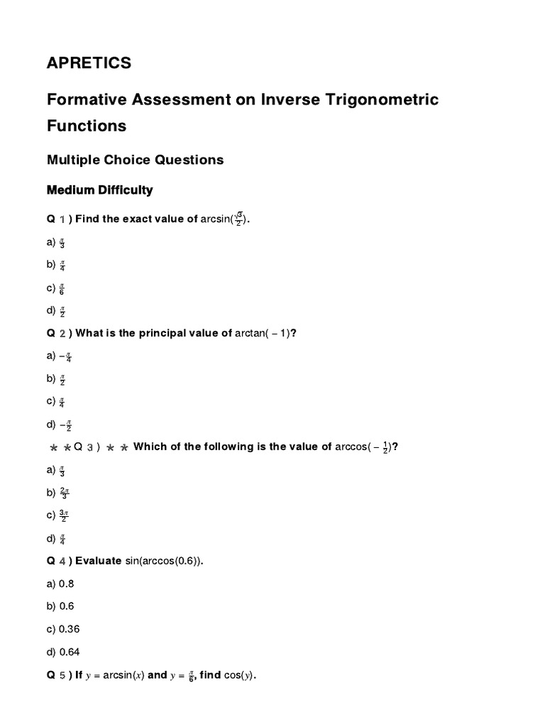 Quiz Worksheet Generator-Formative Assessment on Inverse Trigonometric ...