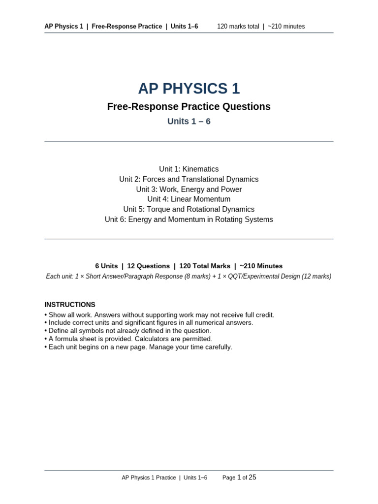 AP Physics 1 - Unit 1-6 - Practice FRQs | PDF | Force | Collision