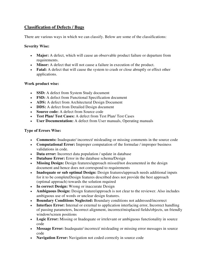 Classification of Defects | PDF | Software Bug | Error