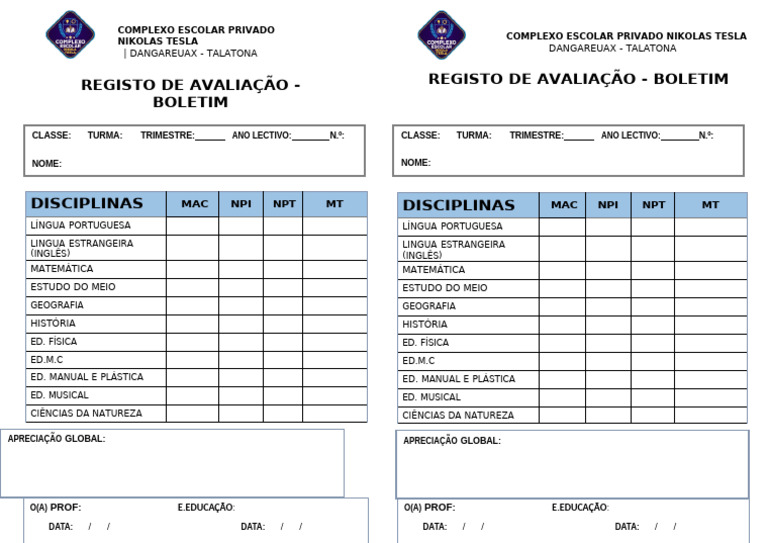 Complexo Escolar Privado Nikola Tesla - Boletim de Notas- A5 Novo ...