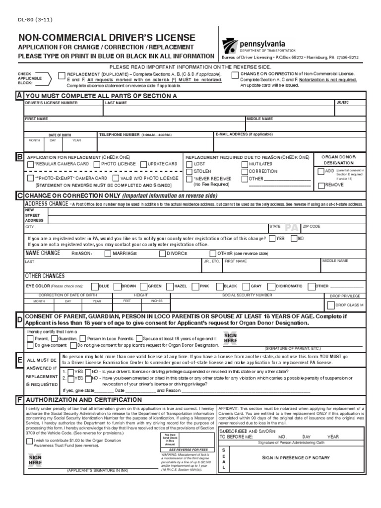 PA Driver's License Change Form DL-80 | PDF | Driver's License ...
