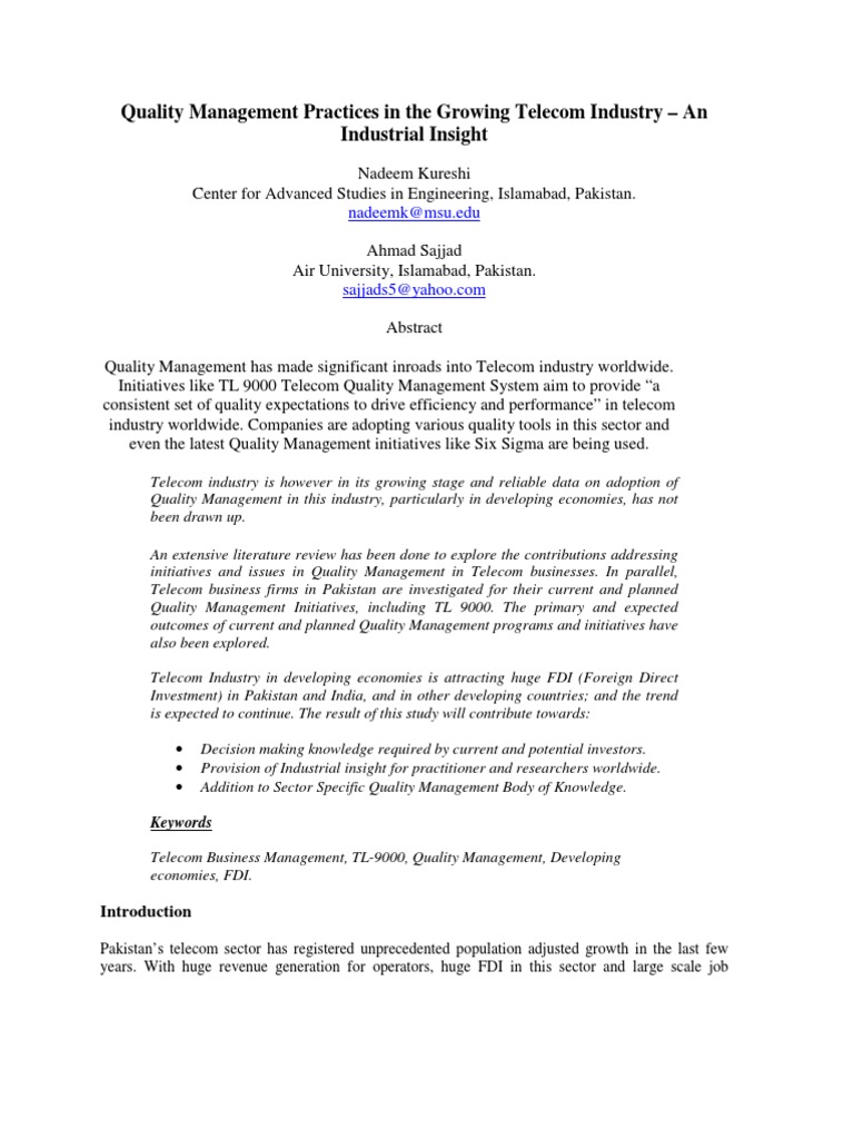 Quality Management Practices in The Growing Telecom Industry - An ...