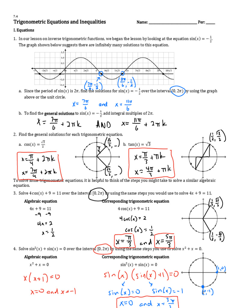 7.4 Trigonometric Equations and Inequalities Key | PDF | Trigonometric ...