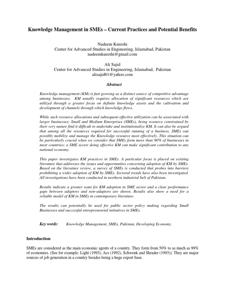 Knowledge Management in SMEs - Current Practices and Potential Benefits ...
