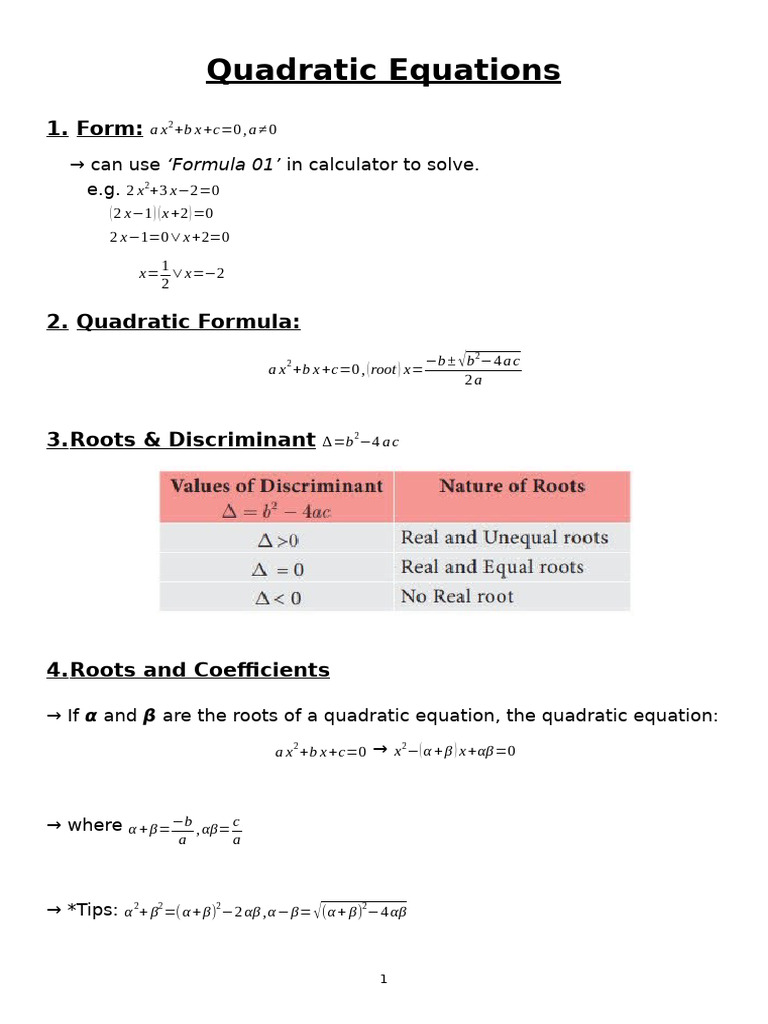 Quadratic Equations Notes | PDF | Quadratic Equation | Discrete Mathematics