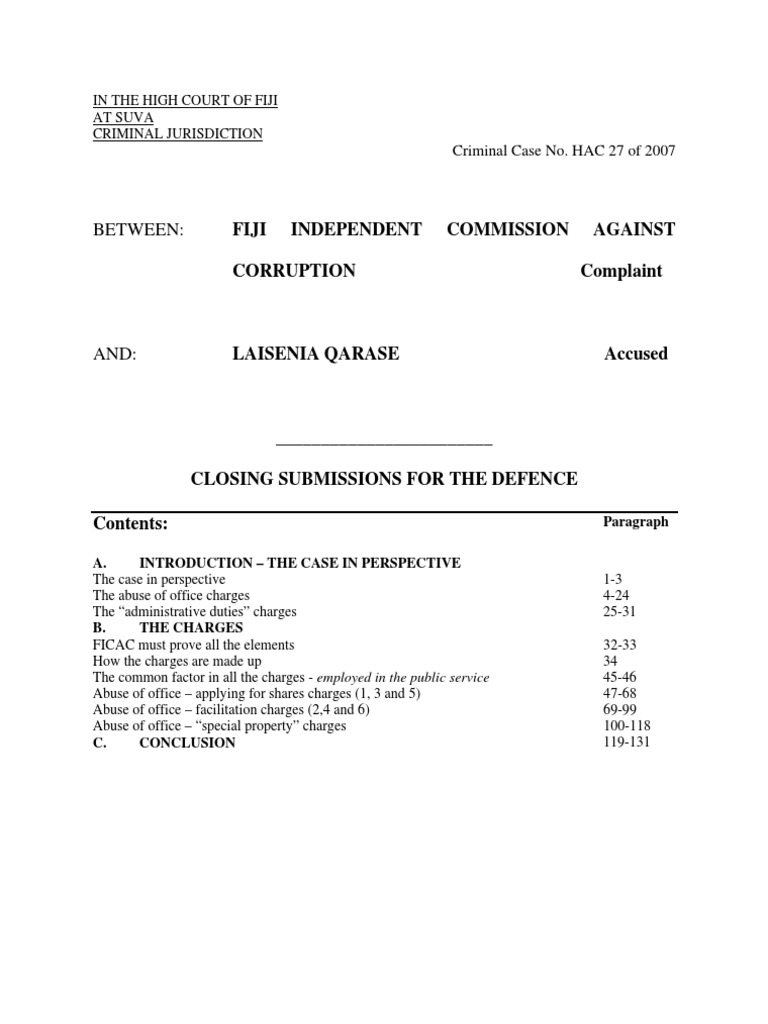 Closing Final Defence Submission in Qarase Case - 1 | PDF | Fiji ...