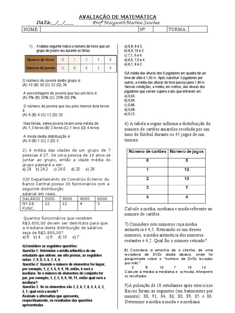 Lista Média, Moda e Mediana | PDF | Mediana (Estatística) | Ensino de ...