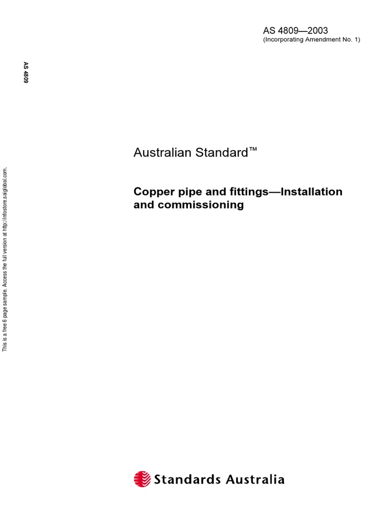 As 4809-2003 Copper Pipe and Fittings - Installation and Commissioning ...