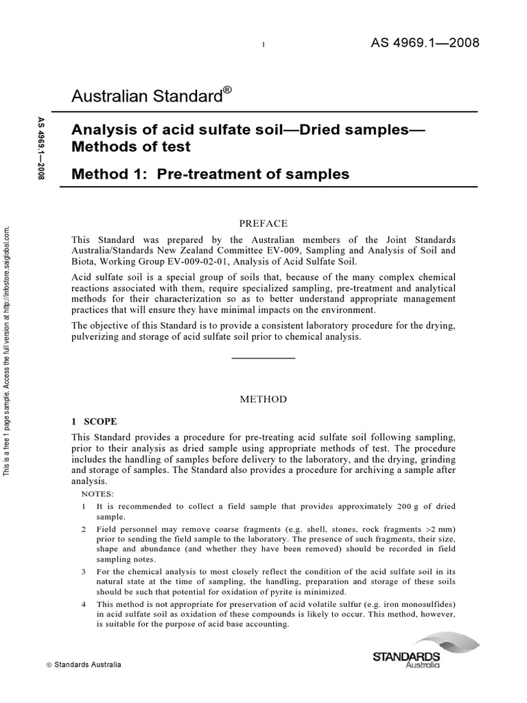 As 4969.1-2008 Analysis of Acid Sulfate Soil - Dried Samples - Methods ...