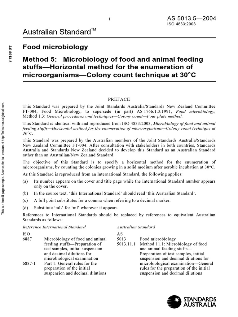As 5013.5-2004 Food Microbiology Microbiology of Food and Animal Feeding Stuffs - Horizontal ...