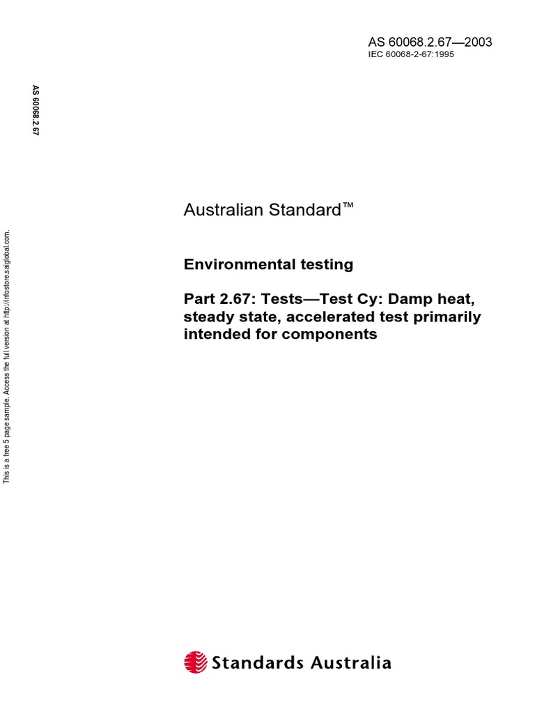 As 60068.2.67-2003 Environmental Testing Tests - Test Cy - Damp Heat ...