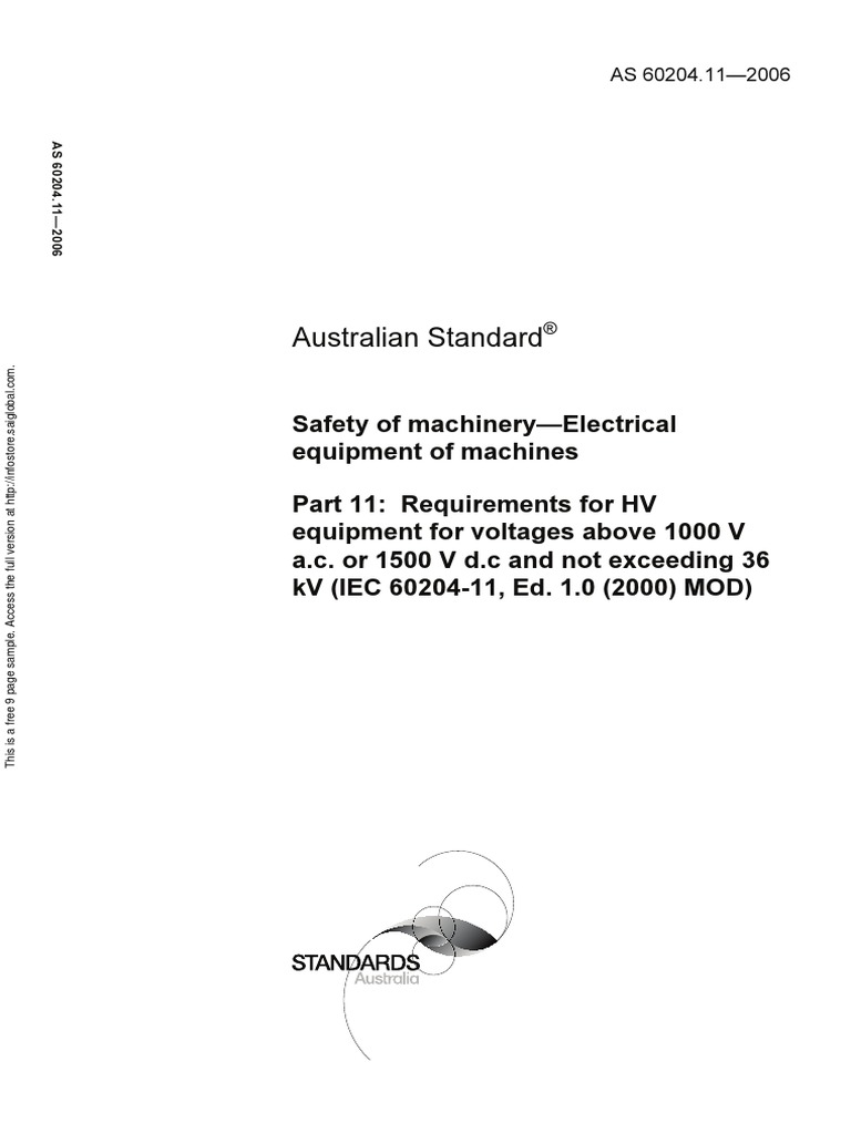 As 60204.11-2006 Safety of Machinery - Electrical Equipment of Machines Requirements For HV ...