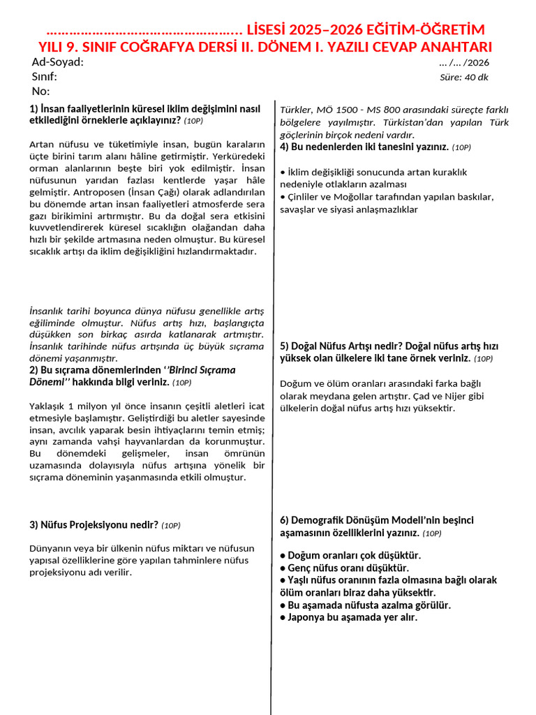 cografya-9-sinif-2-donem-1-yazili-cevap-anahtari-2025-2026 | PDF