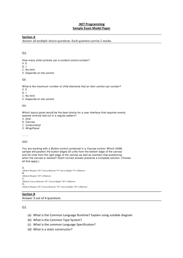 Sample Exam Model Paper Section A: Answer All Multiple Choice Questions ...