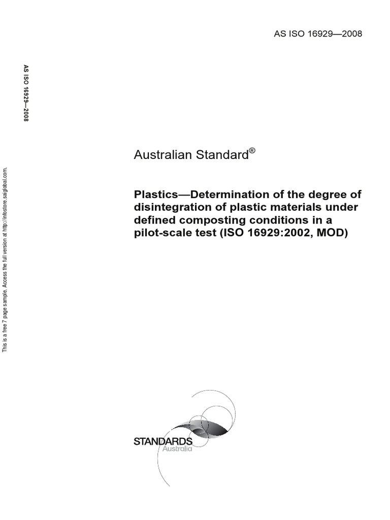 As ISO 16929-2008 Plastics - Determination of The Degree of Disintegration of Plastic Materials ...