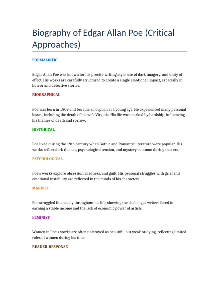 Edgar Allan Poe Biography Color Coded | PDF