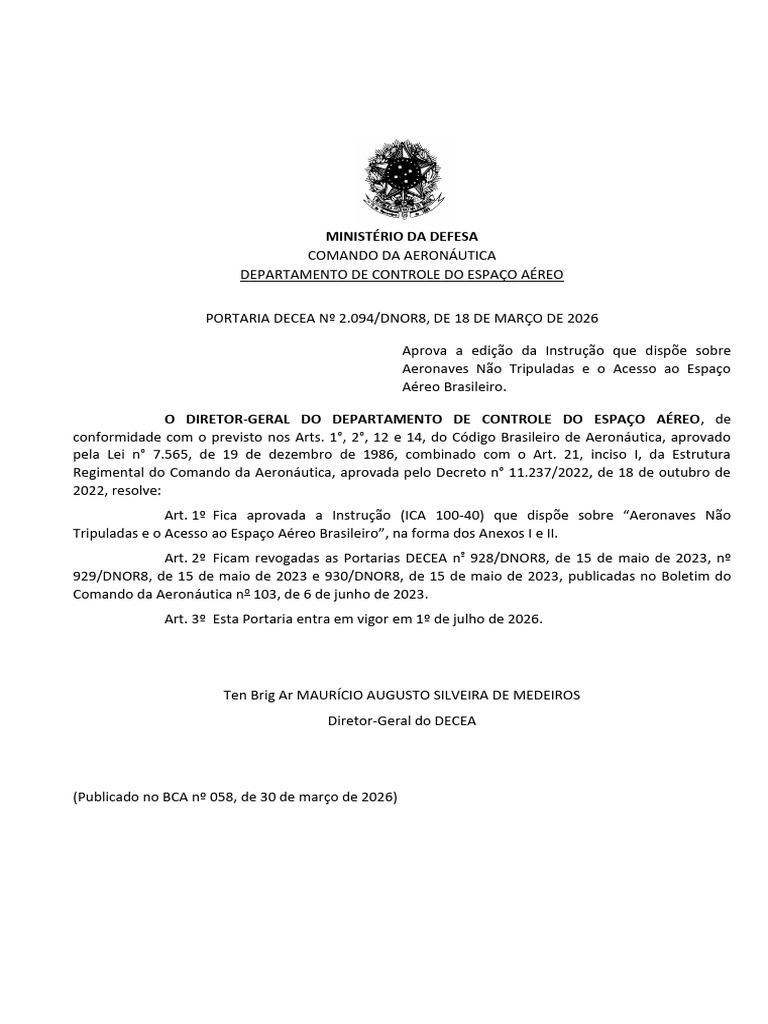 ICA 100-40 - Publicada (Port 2094 DNOR8 18.03.2026 - BCA 058 30.03.2026 ...