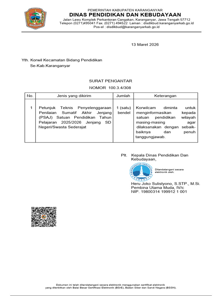 Surat Edaran PSAJ Dan PSAT Jenjang SD Tahun 2026 | PDF