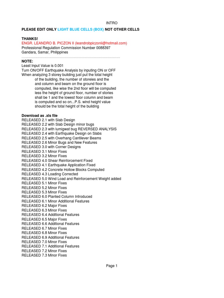Building Structural Analysis and Concrete Design Spreadsheet | PDF ...