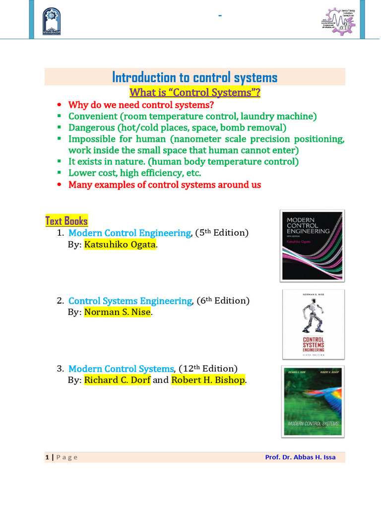 Control Theory I Lec. 01 Introduction to Control Systems | PDF ...