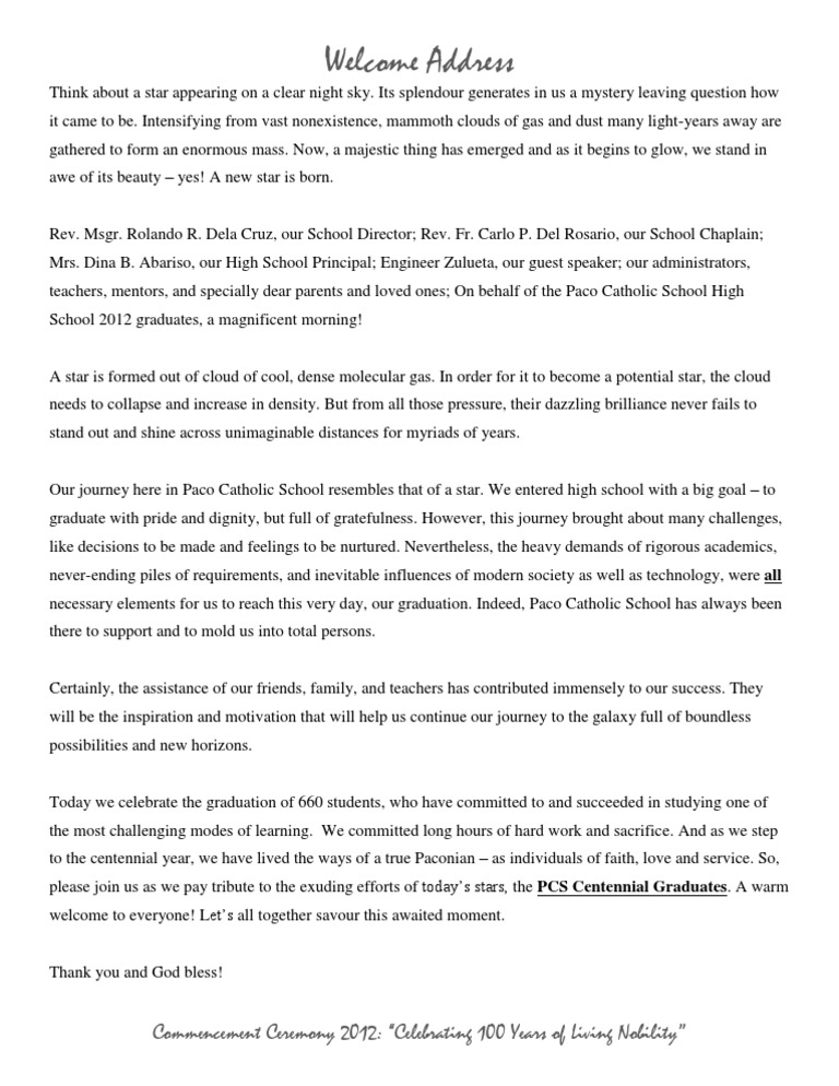 Welcome Speech For Graduation | PDF | Stars | Catholic Church