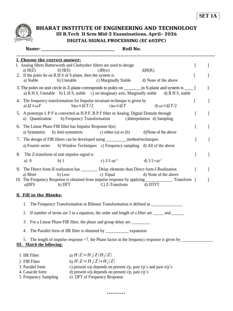 DSP Objective paper_SET-1 | PDF | Discrete Fourier Transform | Filter ...