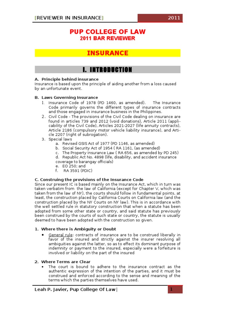 Insurance Law Reviewer Philippines | PDF | Law
