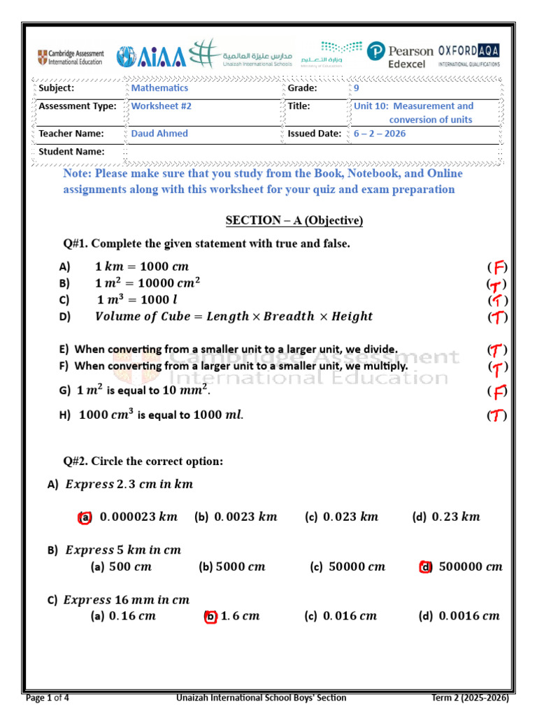 Answer Key of Worksheet#2 Unit 10 Measurements and Conversion of Units ...