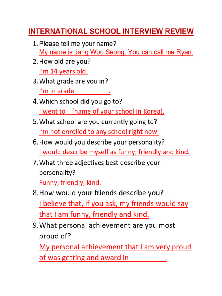 INTERNATIONAL SCHOOL INTERVIEW REVIEW | PDF
