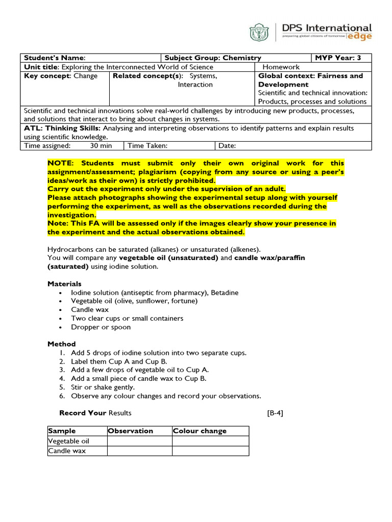 MYP 3 Chem HW Investigation | PDF | Wax | Experiment
