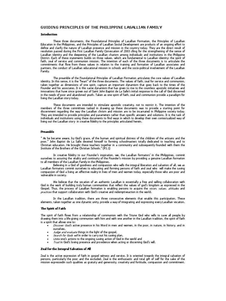 Guiding Principles Philippine Lasallian Family | PDF | Christian ...