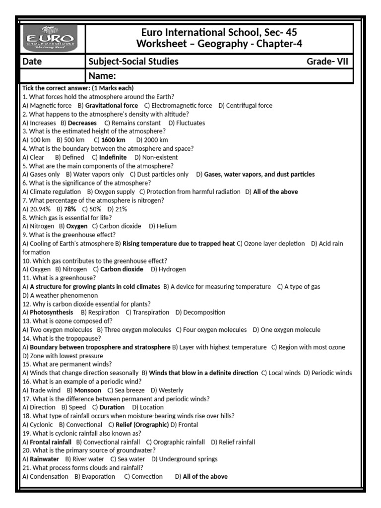 Worksheet Class 7 Geo Ch 4 | PDF | Atmosphere Of Earth | Atmosphere