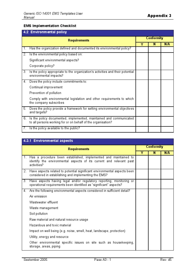 ISO 14001 EMS Implementation Checklist | PDF | Audit | Business