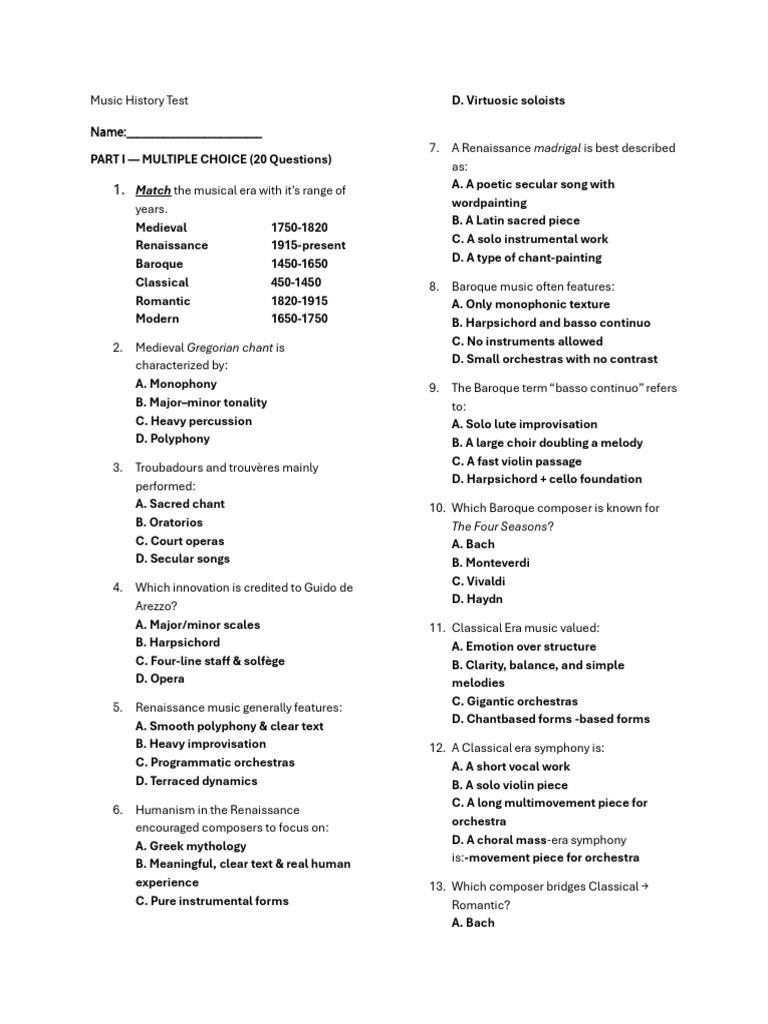 Classical History Exam (1) | PDF | Classical Period (Music) | Baroque Music