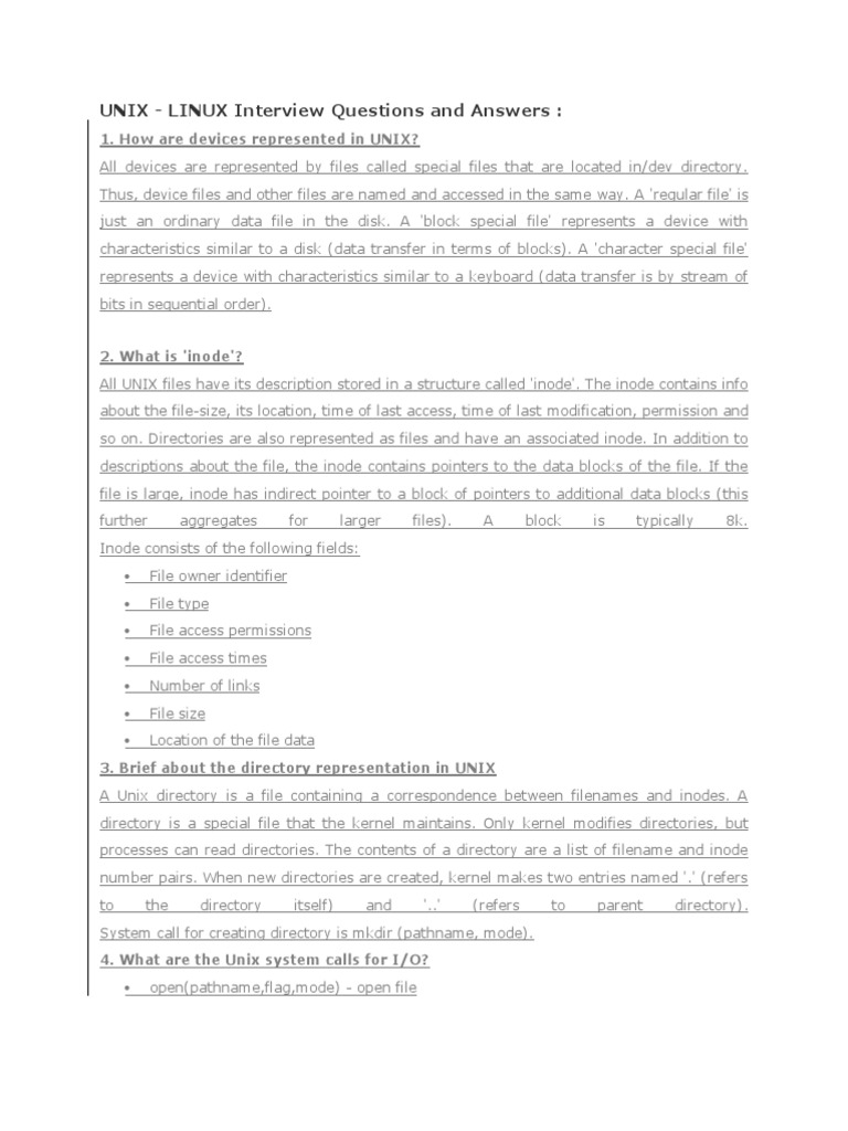 Unix Linux Interview Questions And Answers 1 How Are Devices Represented In Unix Pdf 