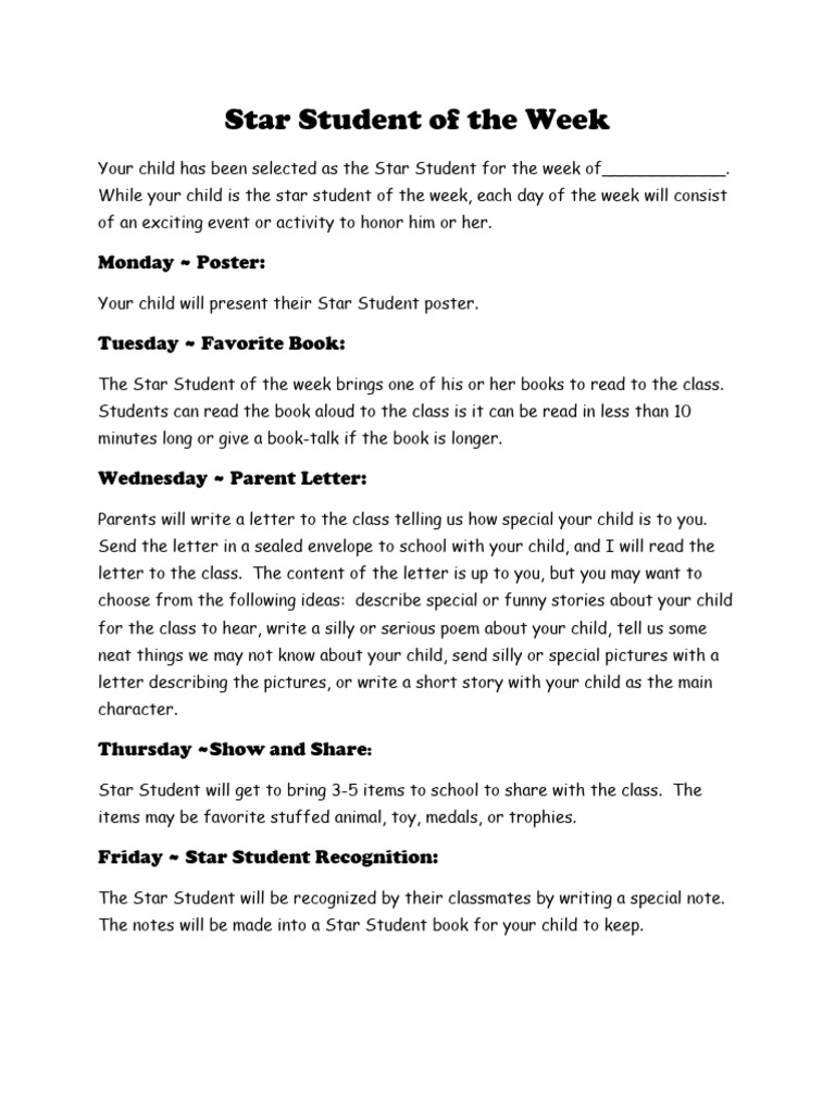 Star Student of the Week Letter | PDF