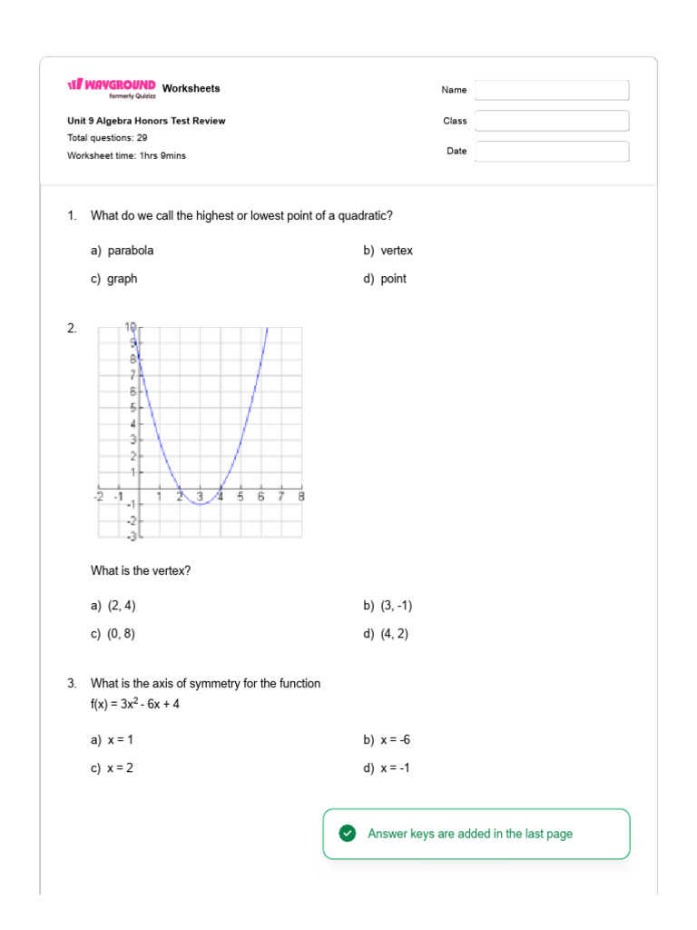 Unit 9 Algebra Honors Test Review _ Wayground | PDF