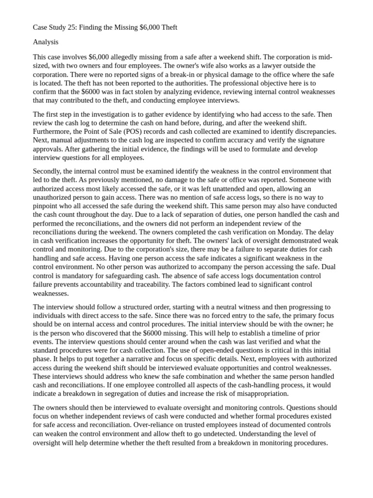 Case Study 25 Finding the Missing $6000 Theft (1) | PDF | Evidence