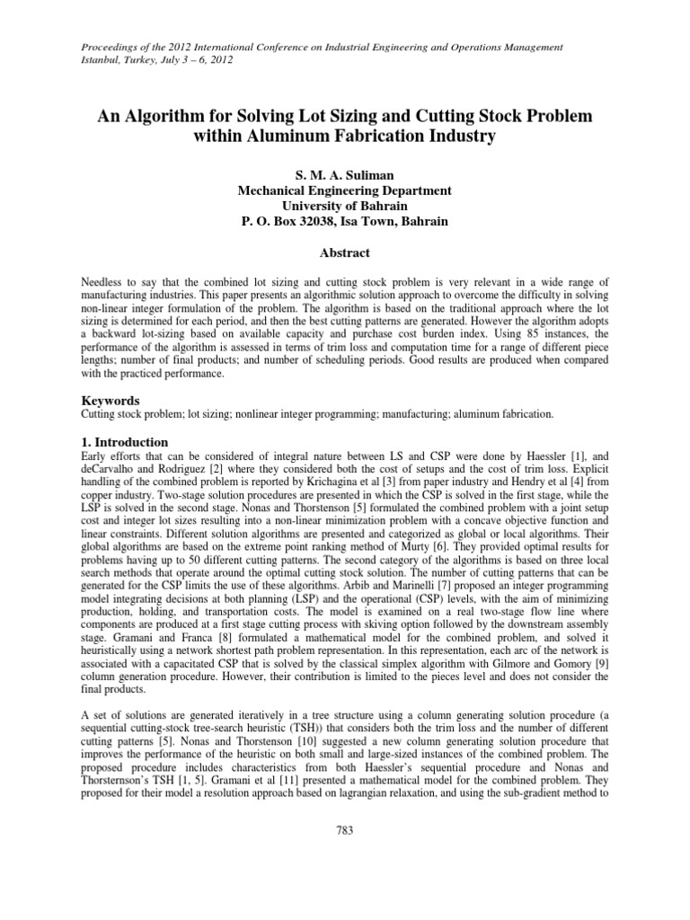 An Algorithm For Solving Lot Sizing and Cutting Stock Problem Within Aluminum Fabrication ...