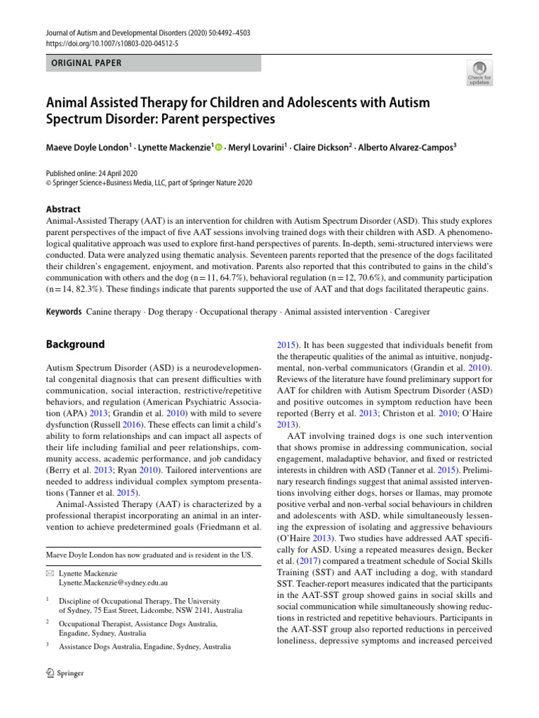 Animal Assisted Therapy for Children and Adolescents With Autism ...